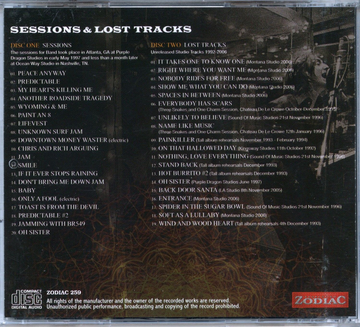 THE BLACK CROWES - Sessions and Lost Tracks ( 2 CD SET ) ( ZODIAC ) ( Sessions at Dragon Studios ...