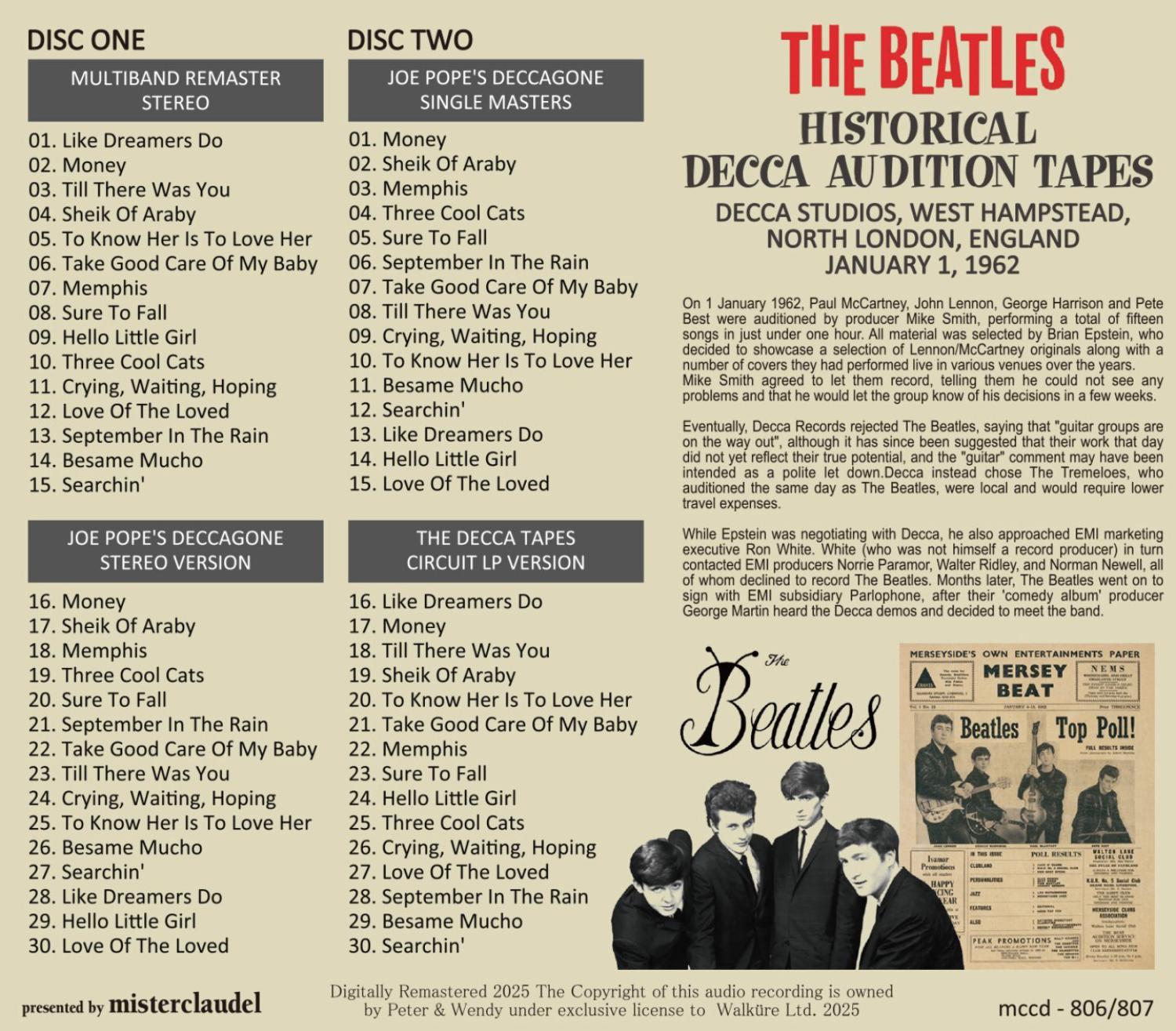 THE BEATLES – Historical Decca Audition Tapes ( 2 CD SET ) ( 2025 Misterclaudel ) ( Multiband ...